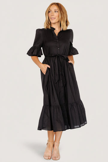 Mirielle Ruffle Midi Dress — Black Cotton | Baltic Born