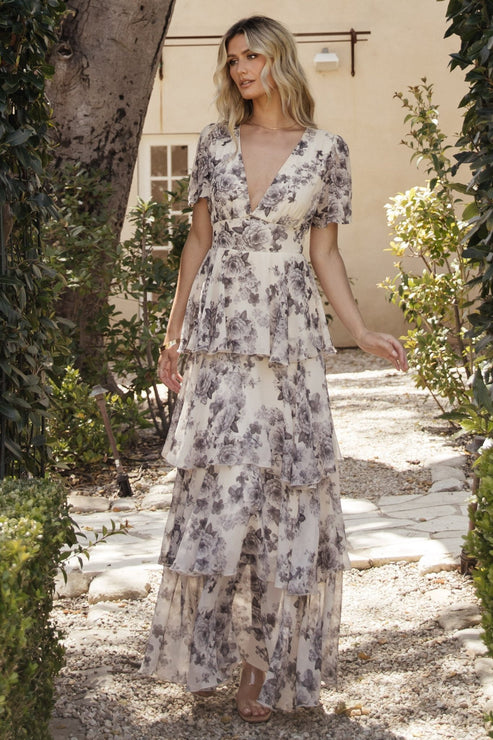 Montaigne Ruffle Maxi Dress | Beige + Slate Floral – Baltic Born
