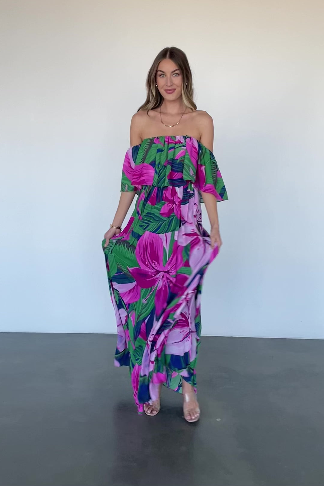 Azalea Off Shoulder Maxi Dress | Green + Fuchsia Floral – Baltic Born