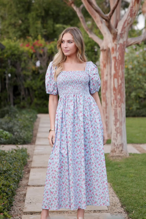 Haddie Smocked Midi Dress — Light Blue Floral | Baltic Born