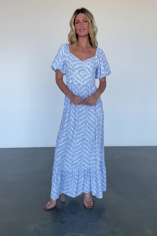 Durban Maxi Dress — Dusty Blue Geometric Print | Baltic Born