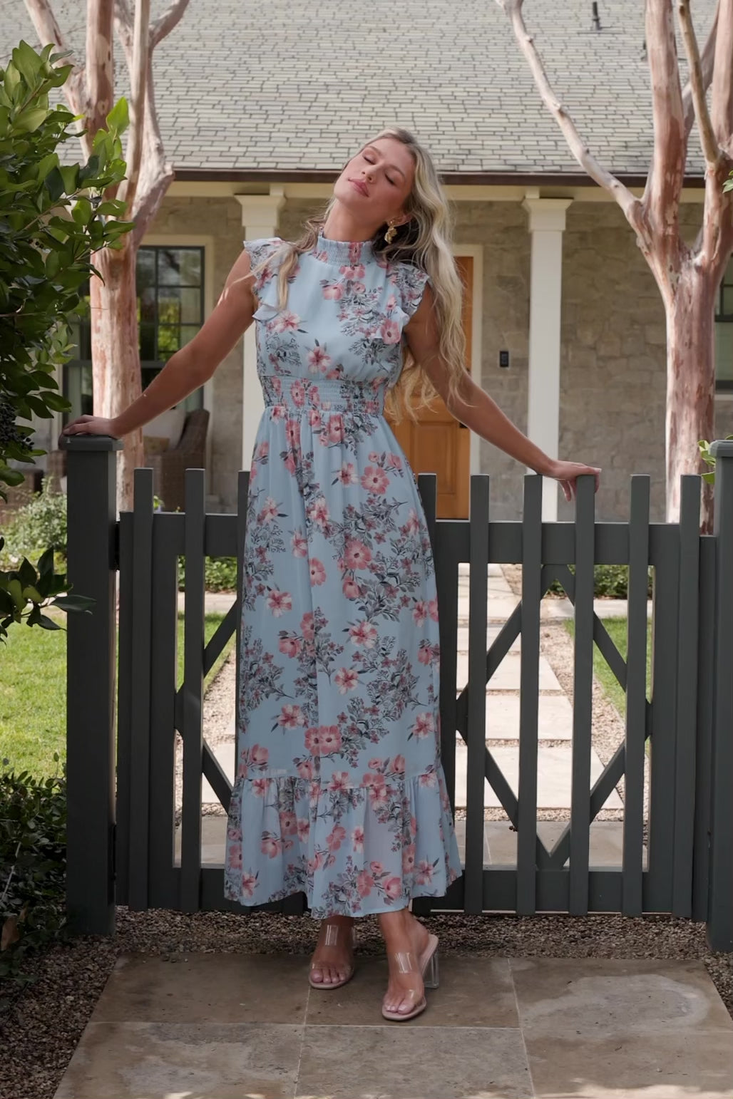 Kearny Ruffle Maxi Dress — Light Blue + Blush | Baltic Born