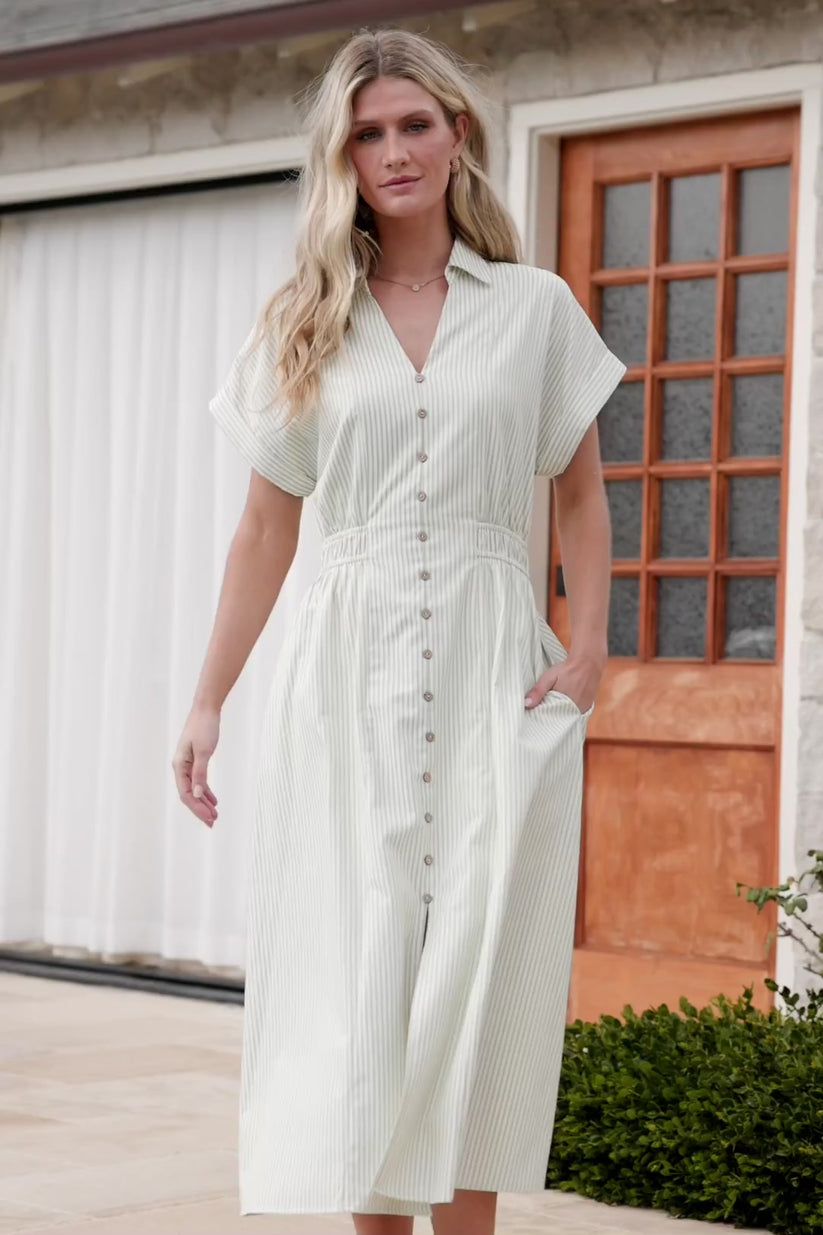Larah Button Midi Dress - Sage Stripe | Baltic Born