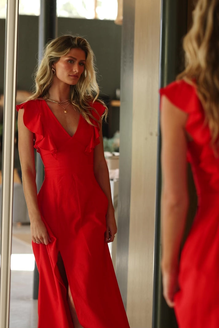 Elena Rose-Red Midi Dress with Smocked Back | Baltic Born