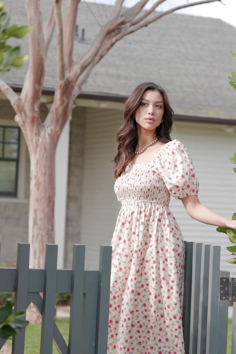 Haddie Smocked Midi Dress — Cream & Rose Floral | Baltic Born