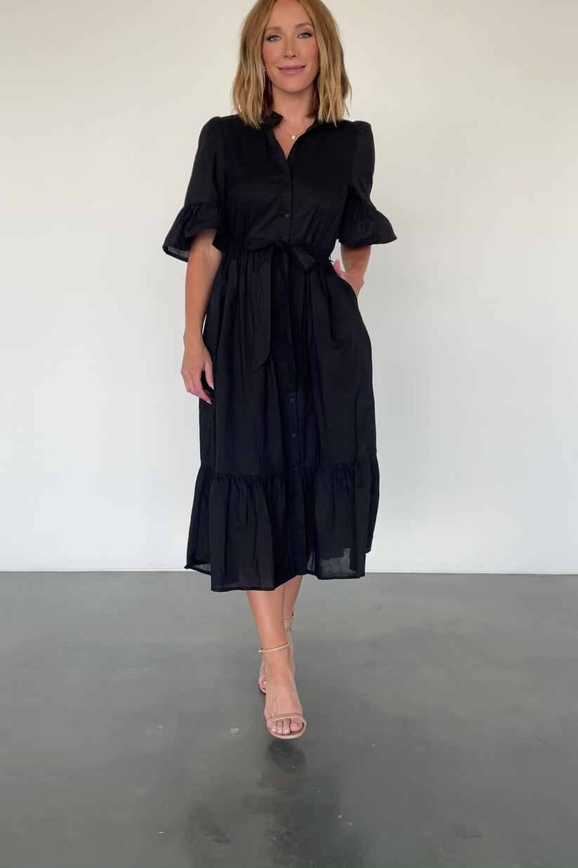 Mirielle Ruffle Midi Dress — Black Cotton | Baltic Born