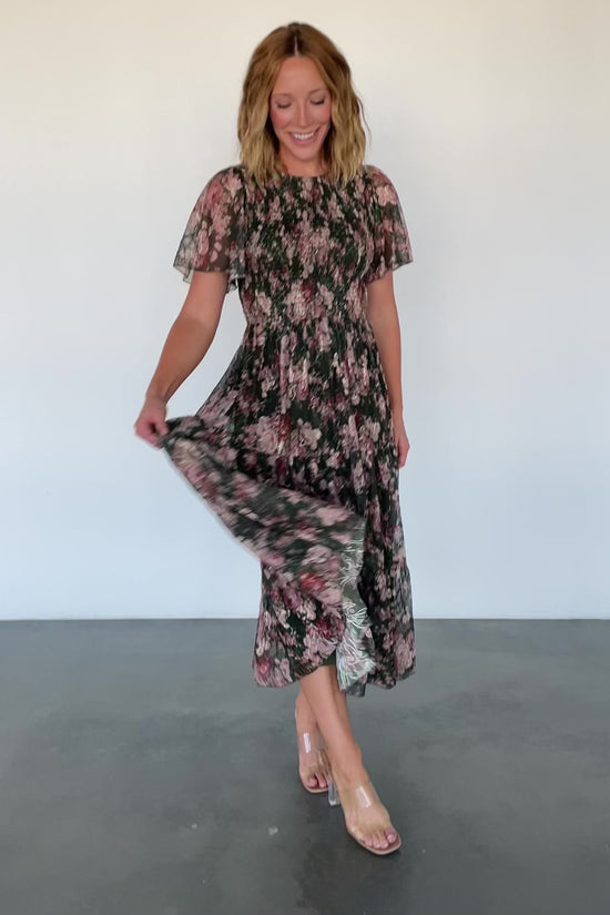 Mara Embroidered Tulle Dress | Dark Green + Blush Floral – Baltic Born