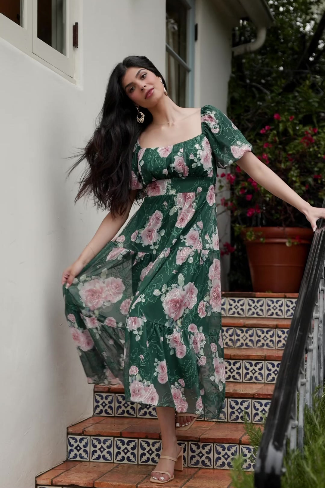 Annabeth Tulle Midi Dress - Dark Green & Pink | Baltic Born