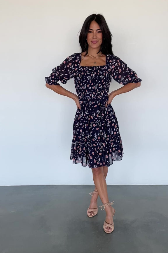 Azlyn Smocked Short Dress | Navy + Pink Floral – Baltic Born