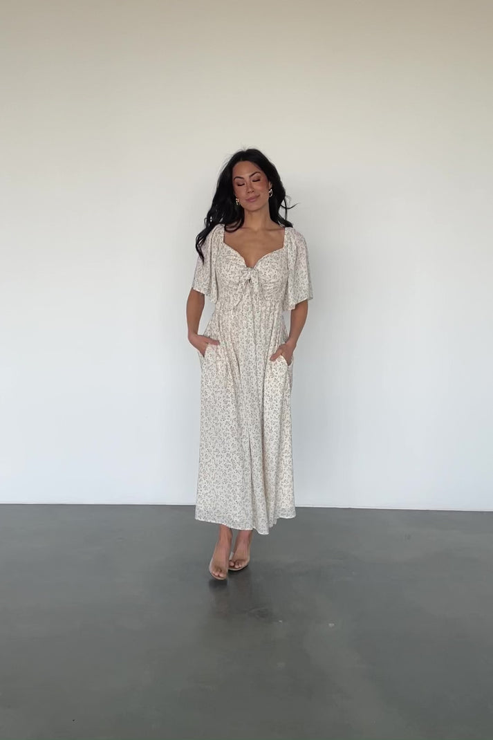 Carah Tie Dress — Off-White Gold Floral Midi | Baltic Born