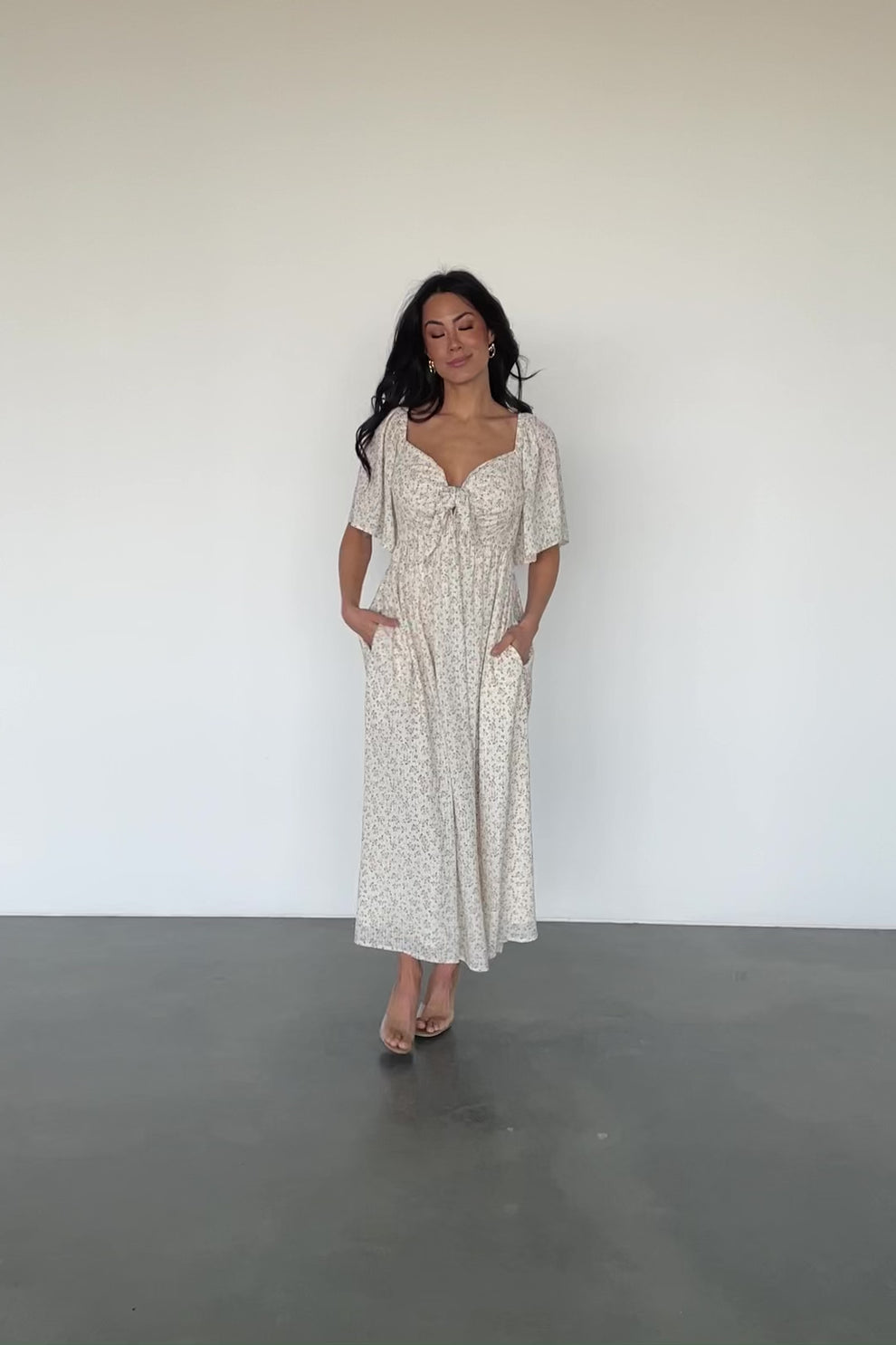 Carah Tie Dress — Off-White Gold Floral Midi | Baltic Born