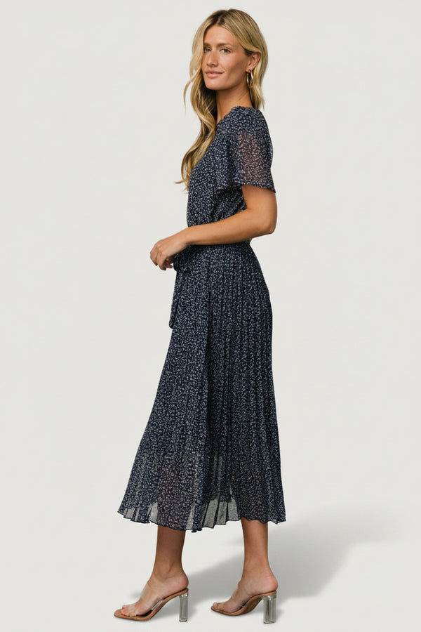 Prim Pleated Midi Dress, Navy Leaf Print | Baltic Born
