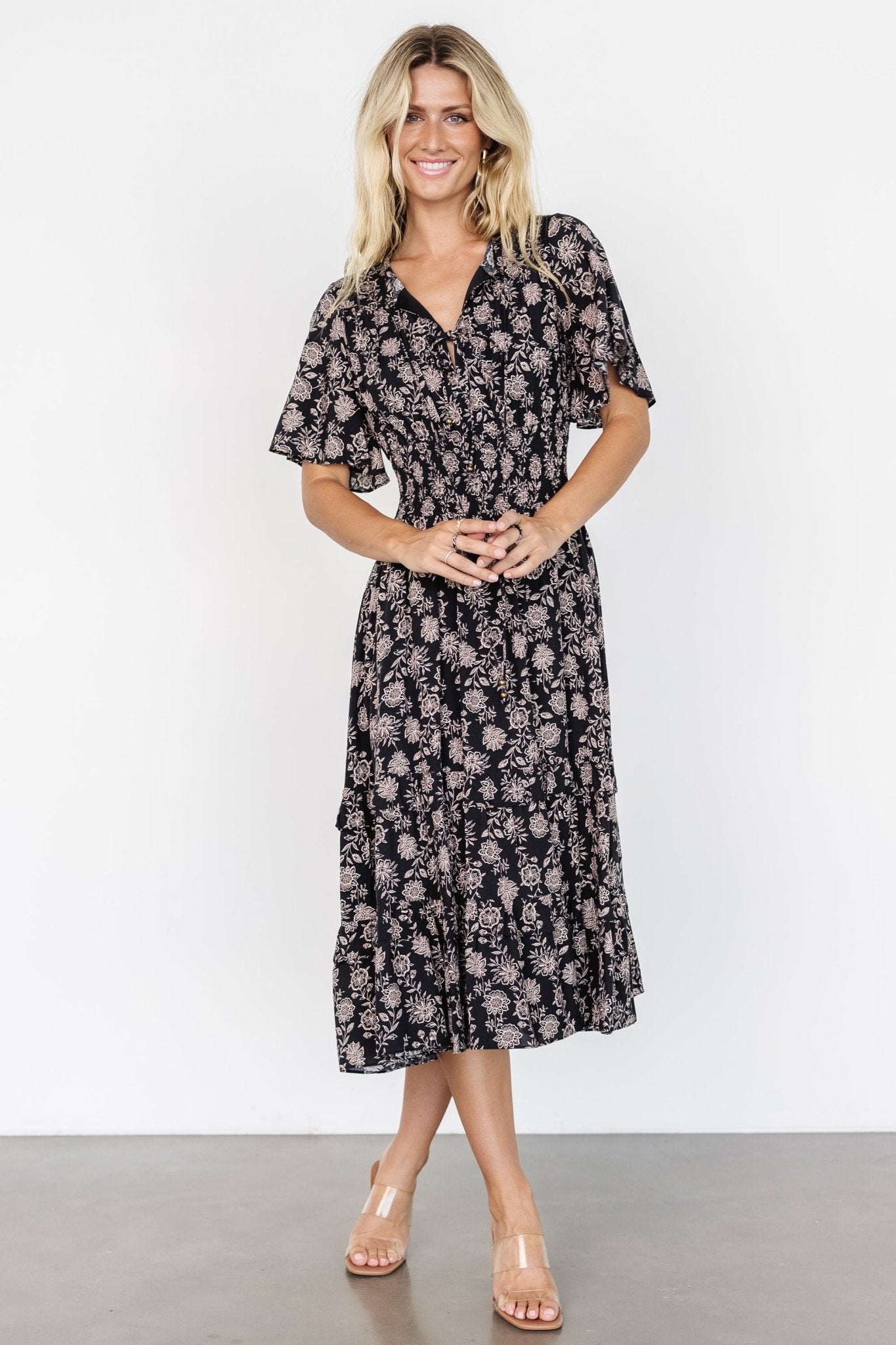 Spell Boho Midi Dress | Black + Taupe Floral – Baltic Born
