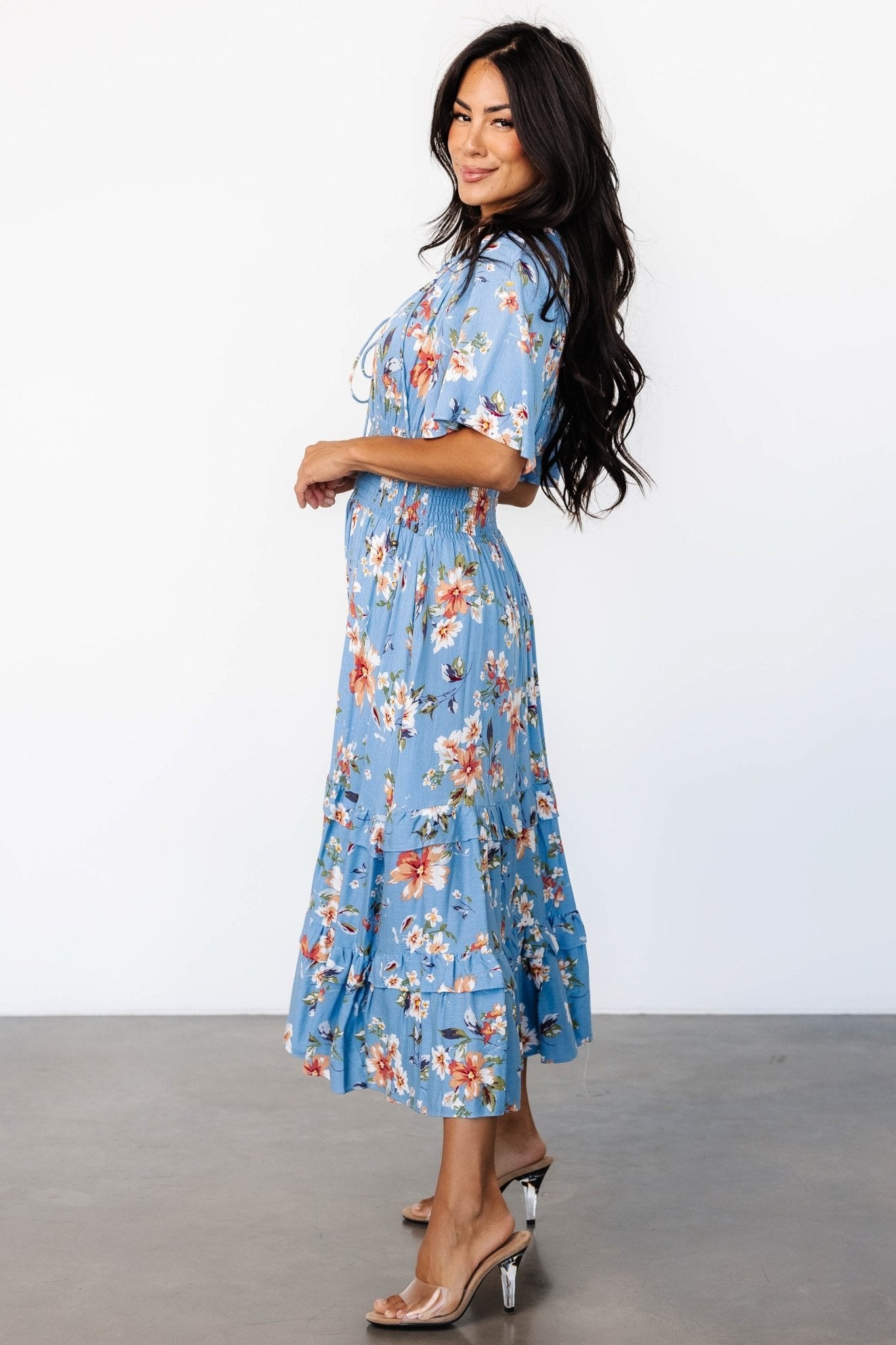 Spell Boho Midi Dress | Blue + Peach Floral – Baltic Born