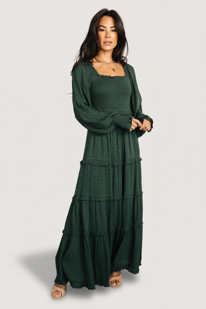 Amanda Smocked Dotted Maxi Dress | Evergreen – Baltic Born