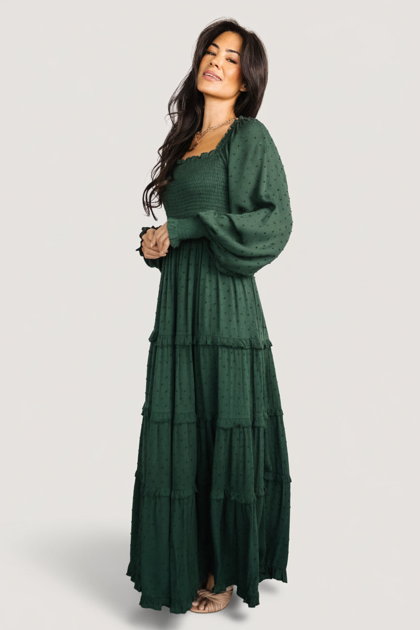 Amanda Smocked Dotted Maxi Dress | Evergreen – Baltic Born