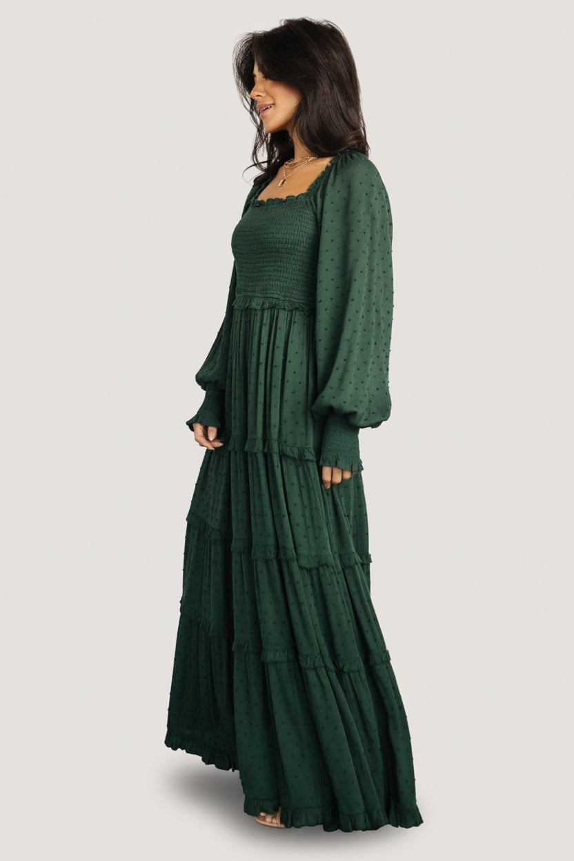 Amanda Smocked Dotted Maxi Dress | Evergreen – Baltic Born