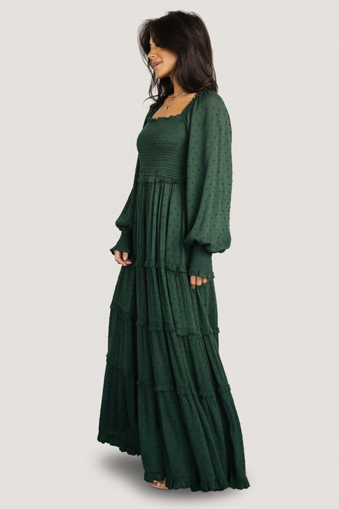 Amanda Smocked Dotted Maxi Dress | Evergreen – Baltic Born
