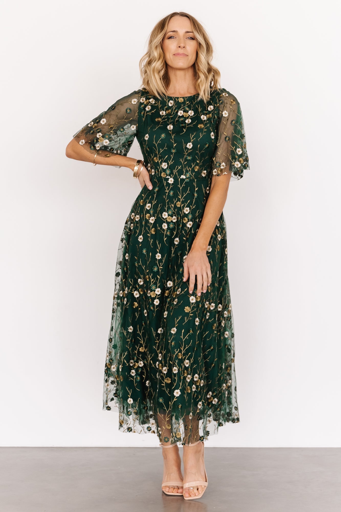 Arabella Embroidered Tulle Maxi Dress | Dark Green Floral | Baltic Born