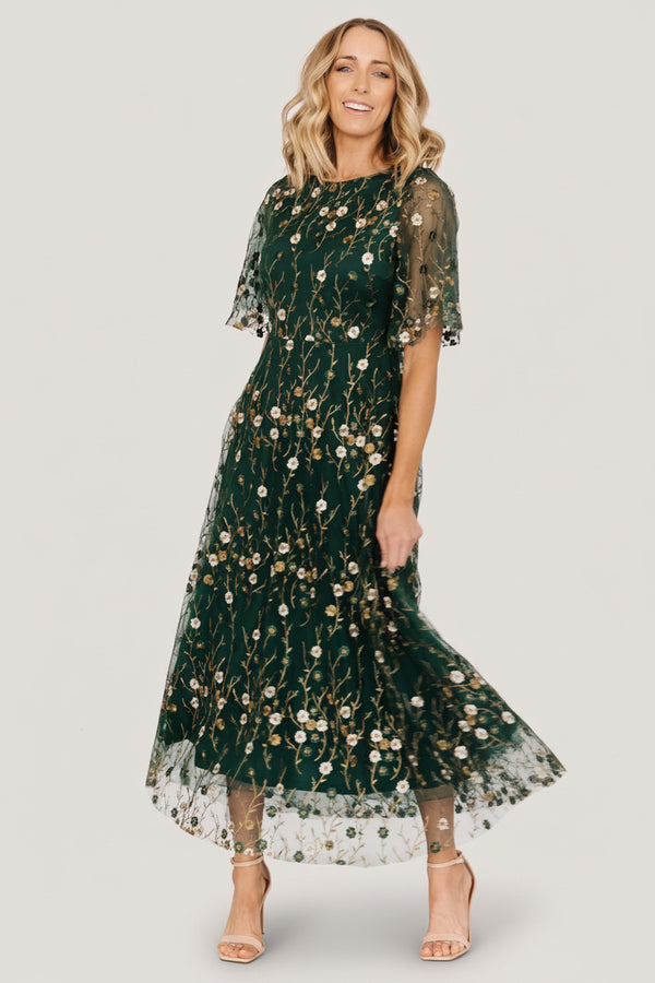 Arabella Embroidered Tulle Maxi Dress | Dark Green Floral – Baltic Born