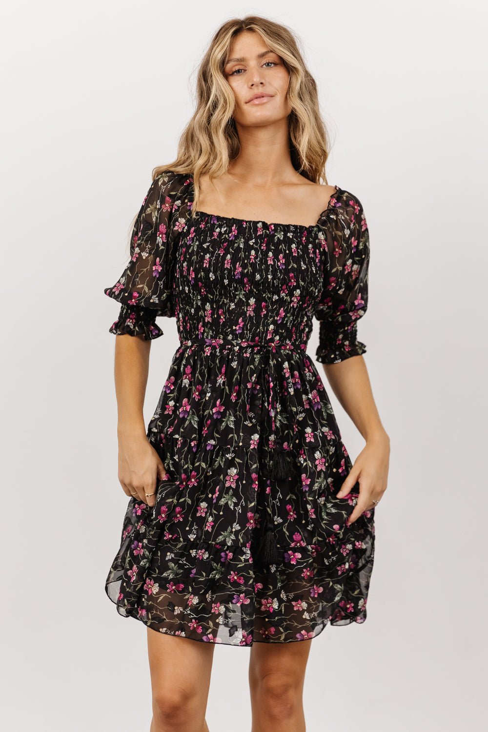 Azlyn Smocked Short Dress | Green + Pink Floral | Baltic Born