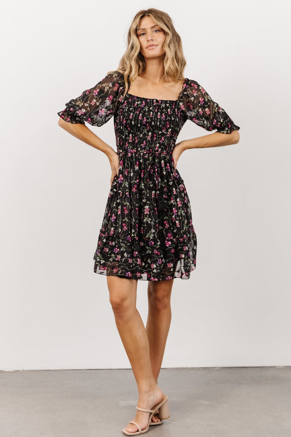 Azlyn Smocked Short Dress | Green + Pink Floral | Baltic Born