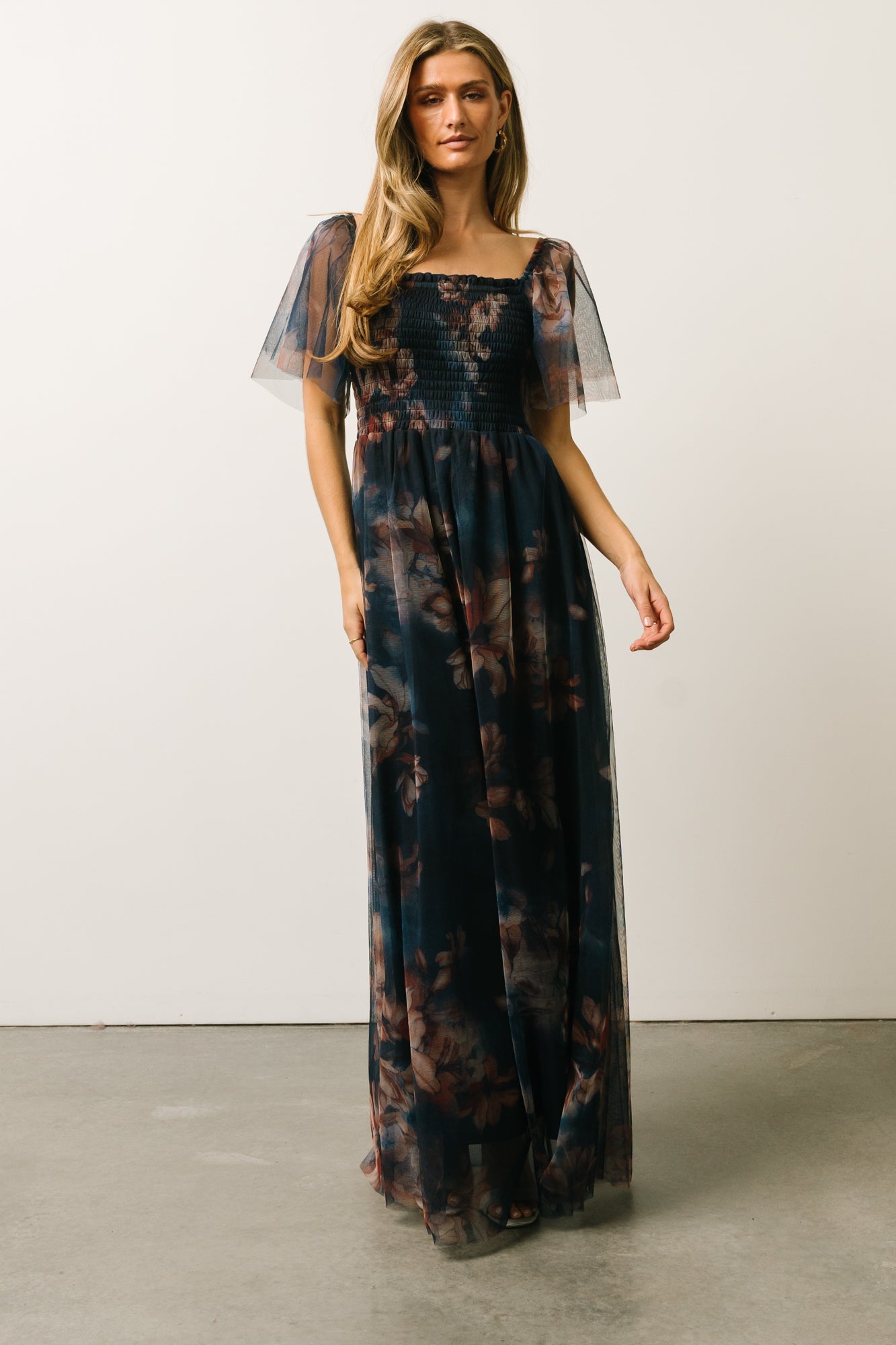 Cassandra Tulle Maxi Dress | Dark Blue Floral | Baltic Born