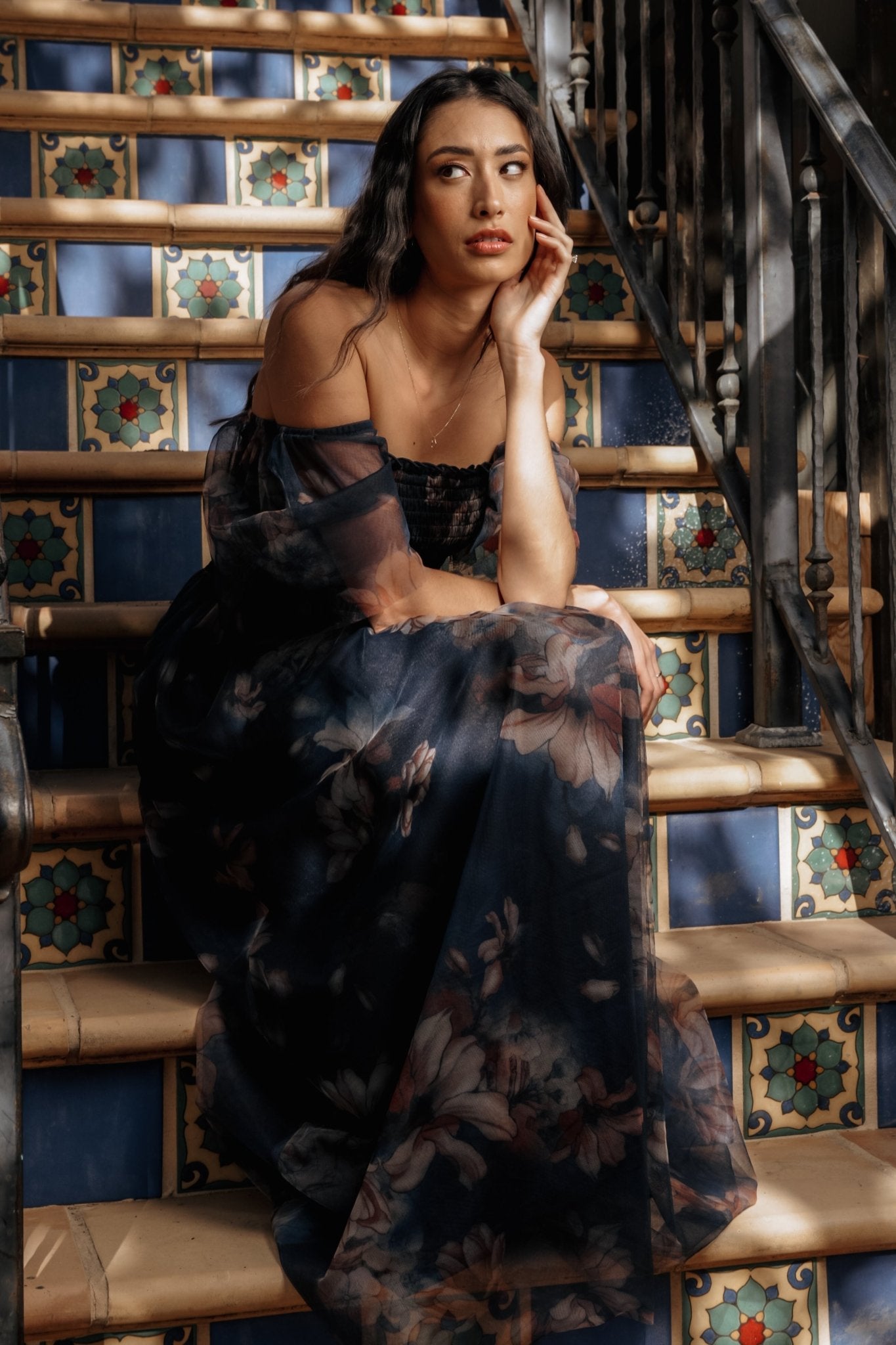 Cassandra Tulle Maxi Dress | Dark Blue Floral | Baltic Born