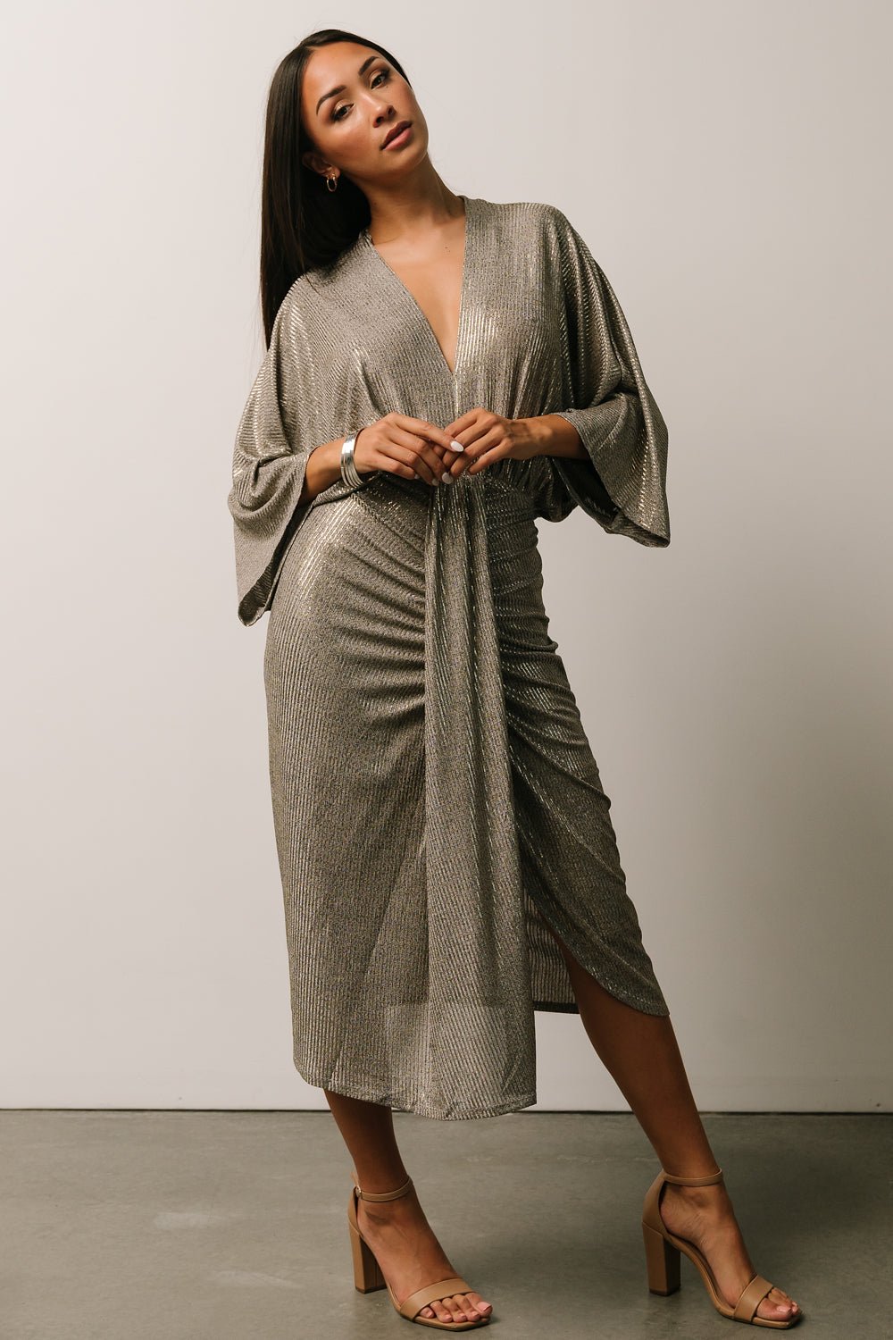 Ciara Ruched Midi Dress | Silver Metallic | Baltic Born