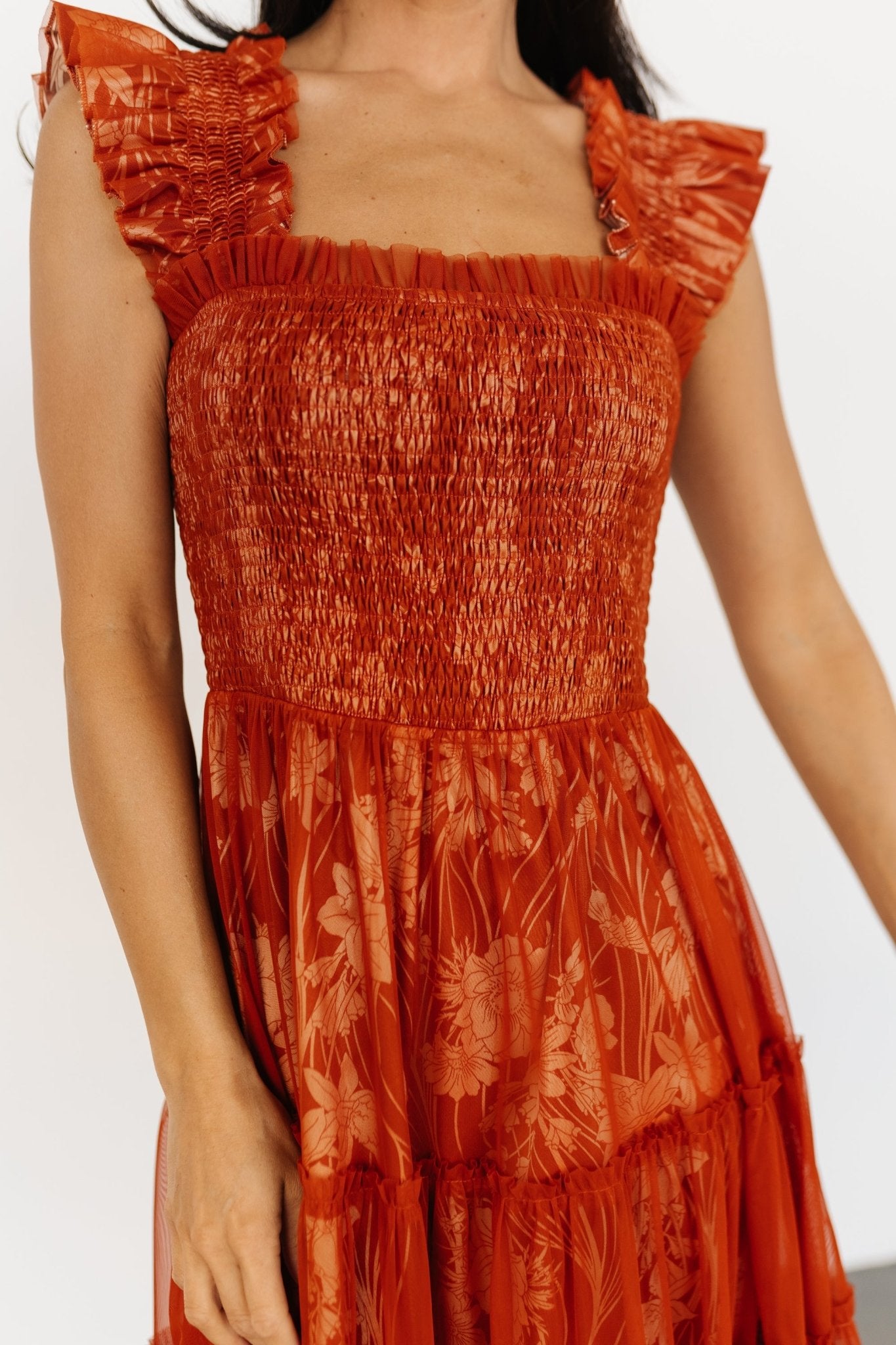 Cora Smocked Tulle Dress | Rust Floral | Baltic Born