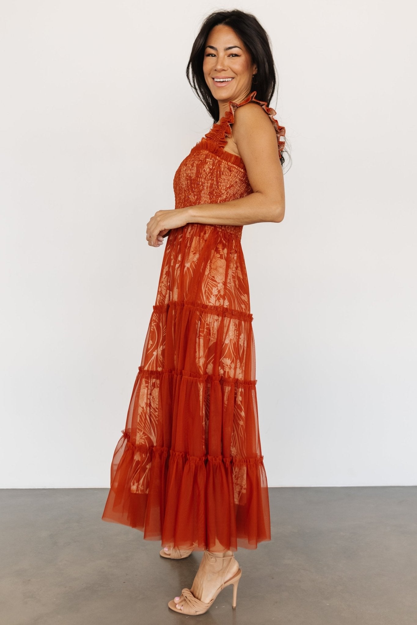 Cora Smocked Tulle Dress | Rust Floral | Baltic Born