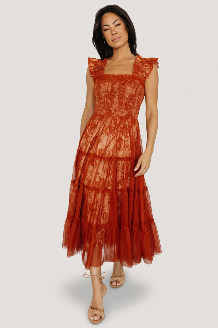 Cora Smocked Tulle Dress | Rust Floral | Baltic Born