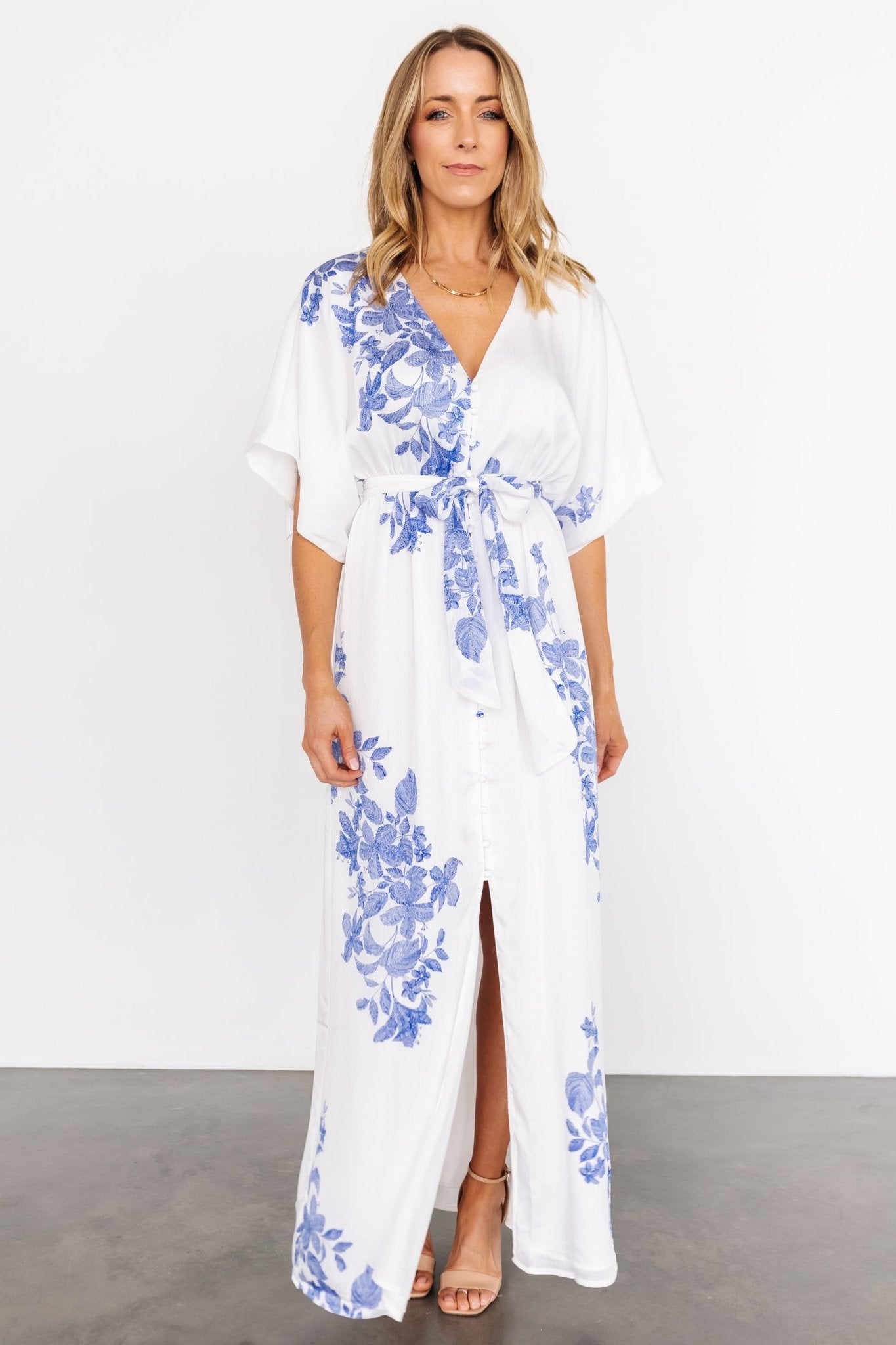 Florina Kimono Maxi Dress | White + Blue | Baltic Born