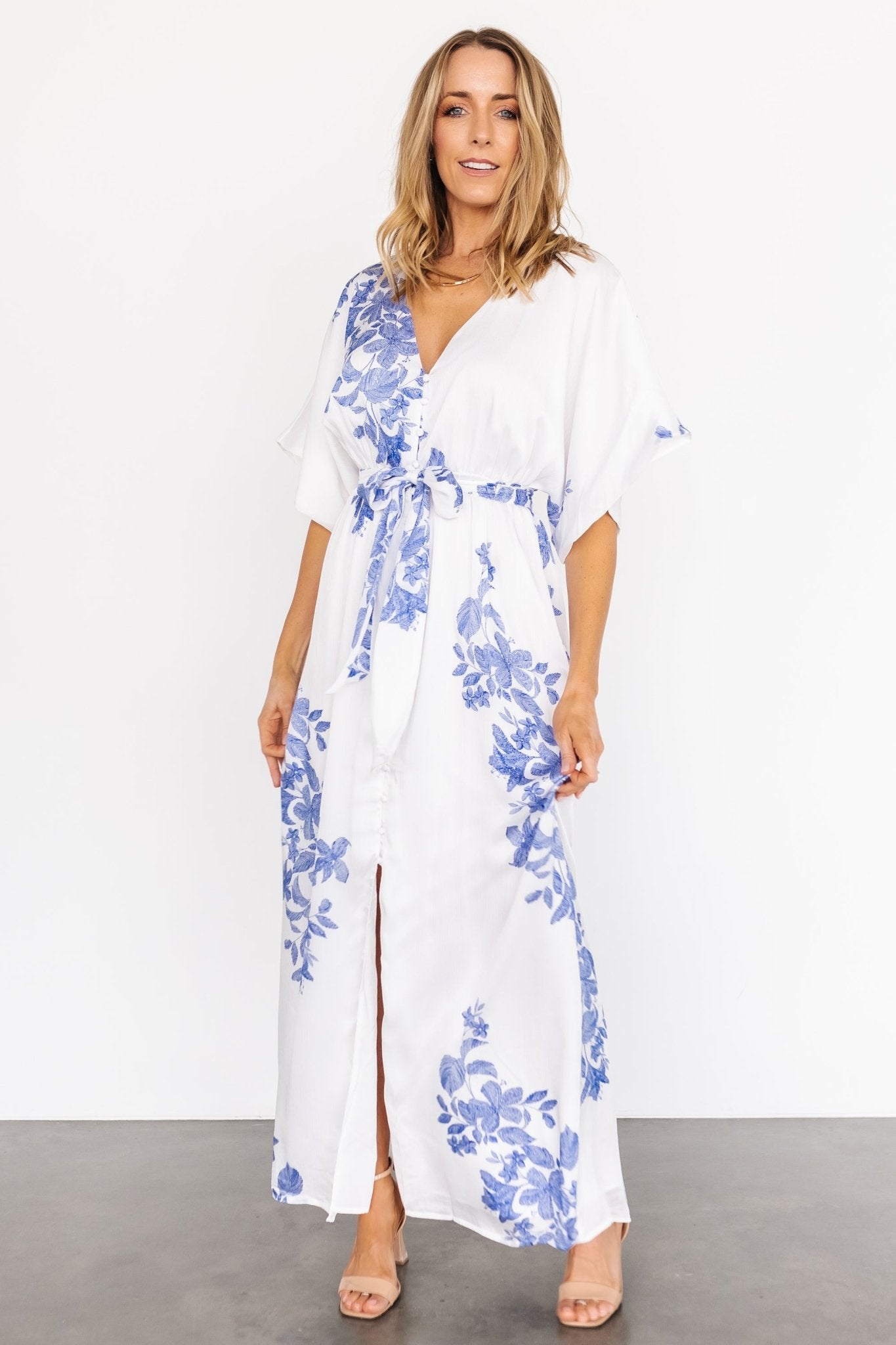 Florina Kimono Maxi Dress | White + Blue | Baltic Born