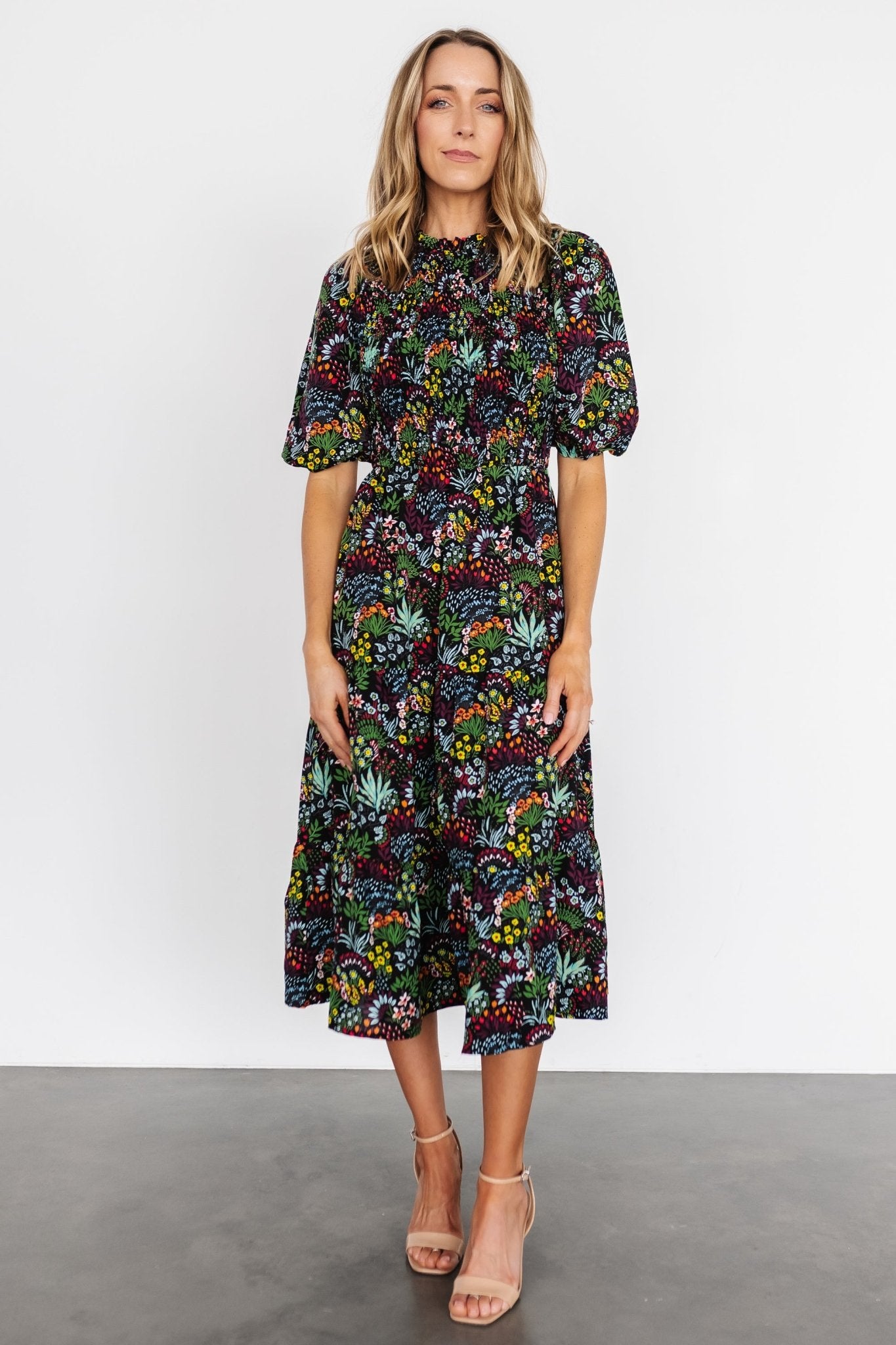 Lena Tiered Midi Dress | Black Multi Floral | Baltic Born