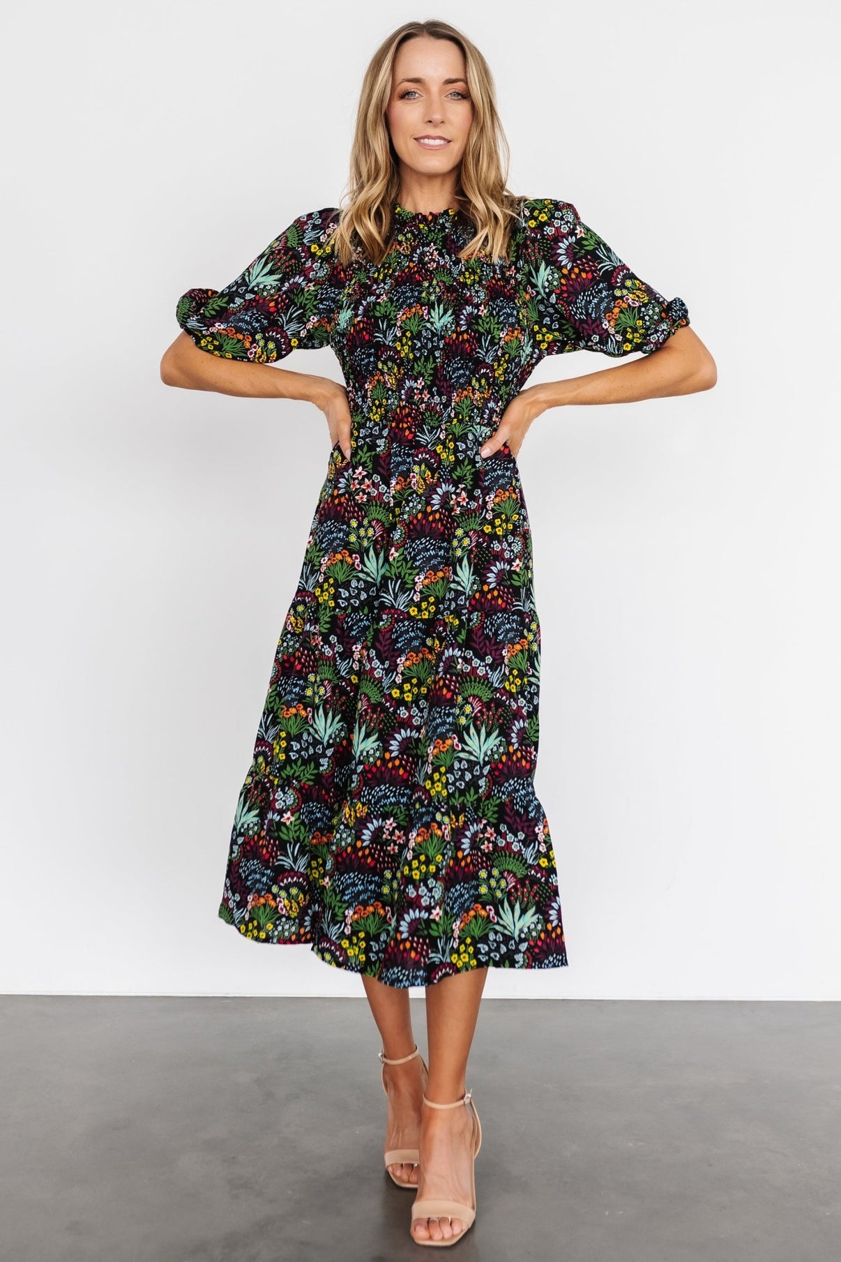 Lena Tiered Midi Dress | Black Multi Floral – Baltic Born