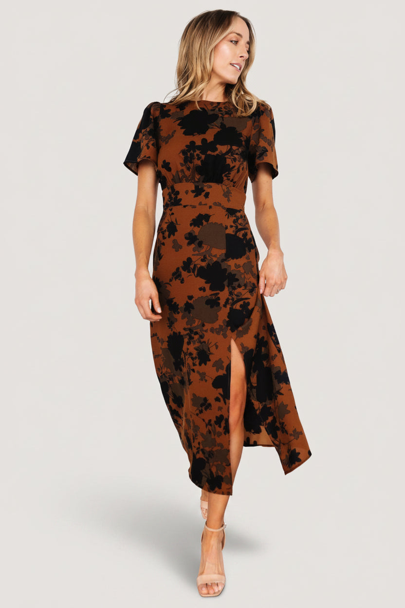 Lenni Midi Dress - Espresso Chiffon Floral | Baltic Born