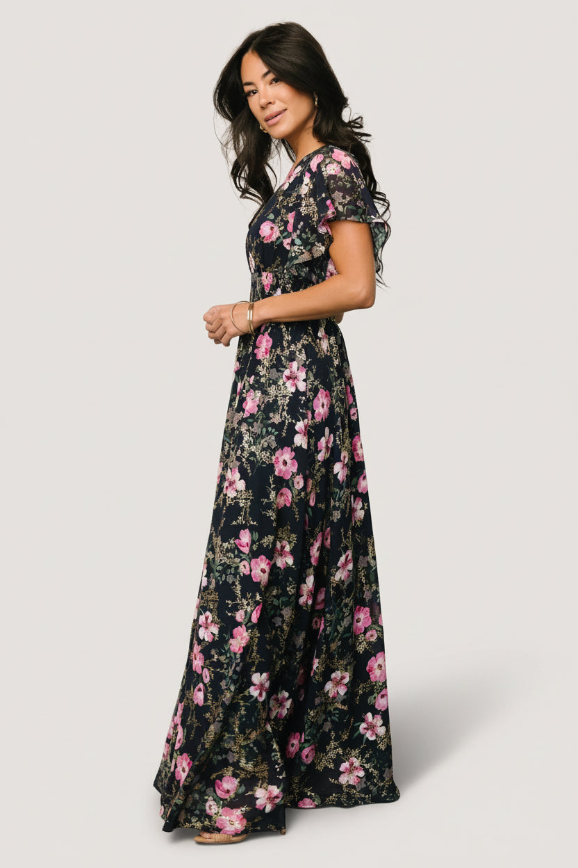 Lynlee Metallic Maxi Dress | Off White Print | Baltic Born