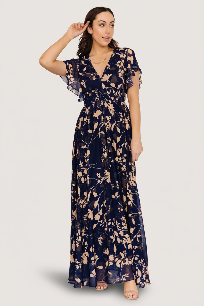 Lynlee Metallic Maxi Dress - Navy V-Neck Maxi | Baltic Born