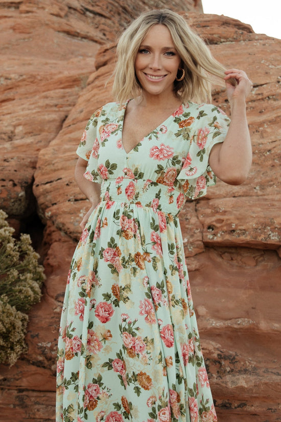 Lynlee Metallic Maxi Dress, Sage & Pink | Baltic Born