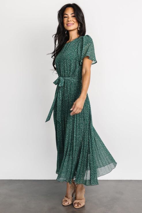 Prim Pleated Midi Dress - Green Floral Chiffon | Baltic Born