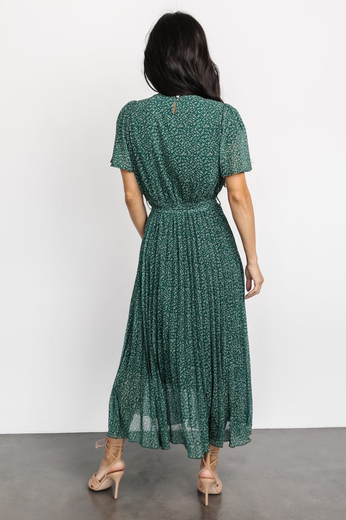 Prim Pleated Midi Dress - Green Floral Chiffon | Baltic Born