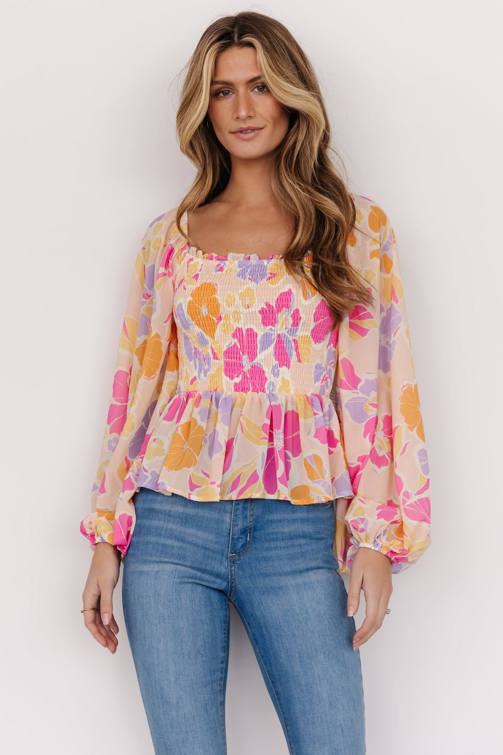Sally Smocked Top — Pink Multi Floral Chiffon | Baltic Born