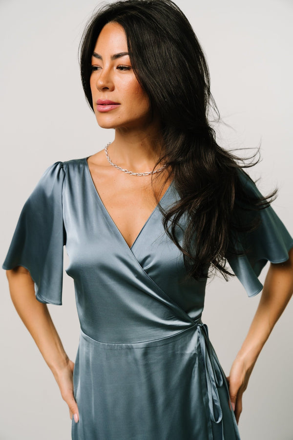 Vara Satin Maxi Wrap Dress | Dusty Blue – Baltic Born
