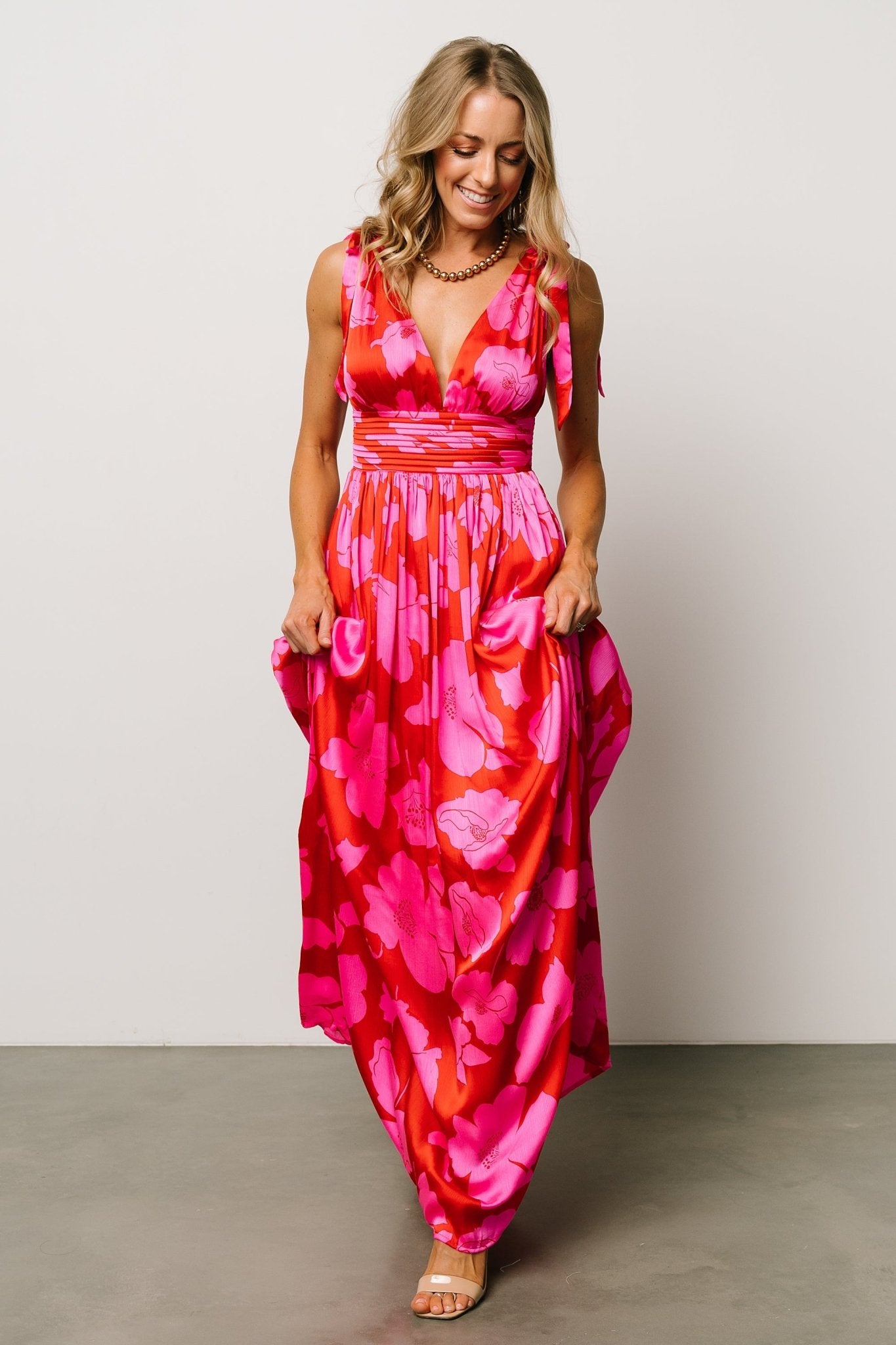 Zoe Tie Maxi Dress | Red + Pink | Baltic Born